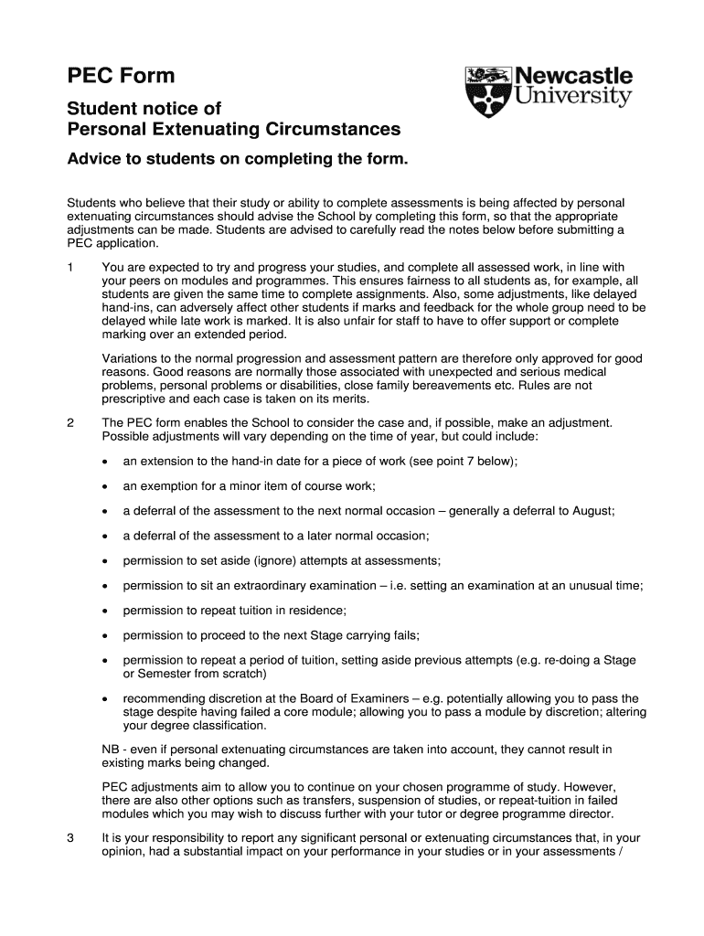 Fillable Online Student notice of Personal Extenuating Circumstances ...