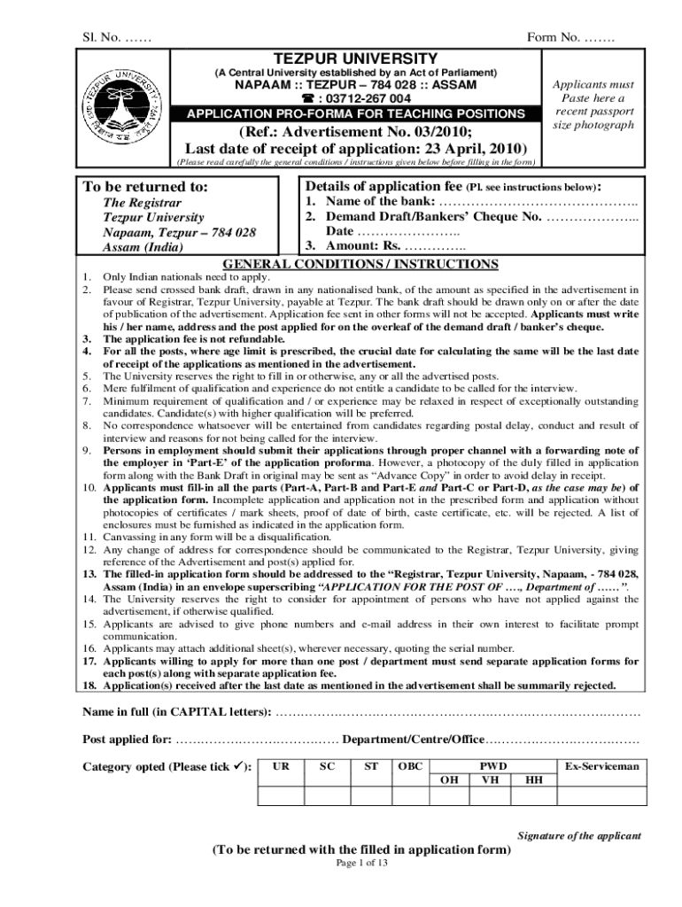 Fillable Online Application Form for Teaching Positions at Tezpur ...