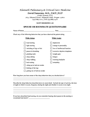 Fillable Online Spouse or roommate questionnaire (pdf) - Klamath Sleep ...