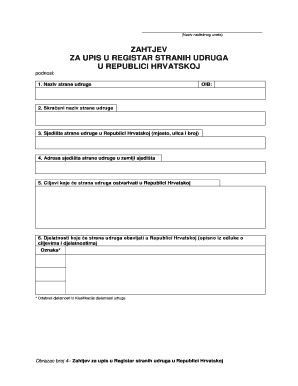 Fillable Online uduvz ZAHTJEV ZA UPIS U REGISTAR STRANIH UDRUGA U ...
