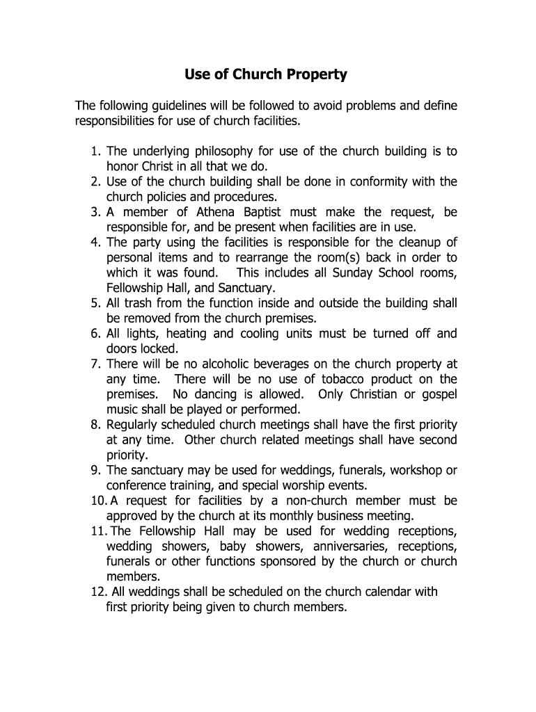 Fillable Online Use of Church Property - Athena Baptist Church Fax ...