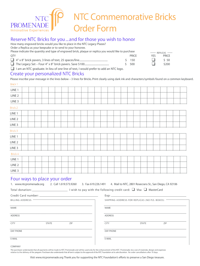 Fillable Online NTC Commemorative Bricks Order Form Fax Email Print ...
