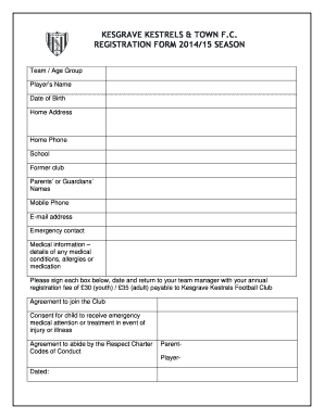 Fillable Online kesgravekestrelsfc co Registration Form 2014 - Kesgrave ...