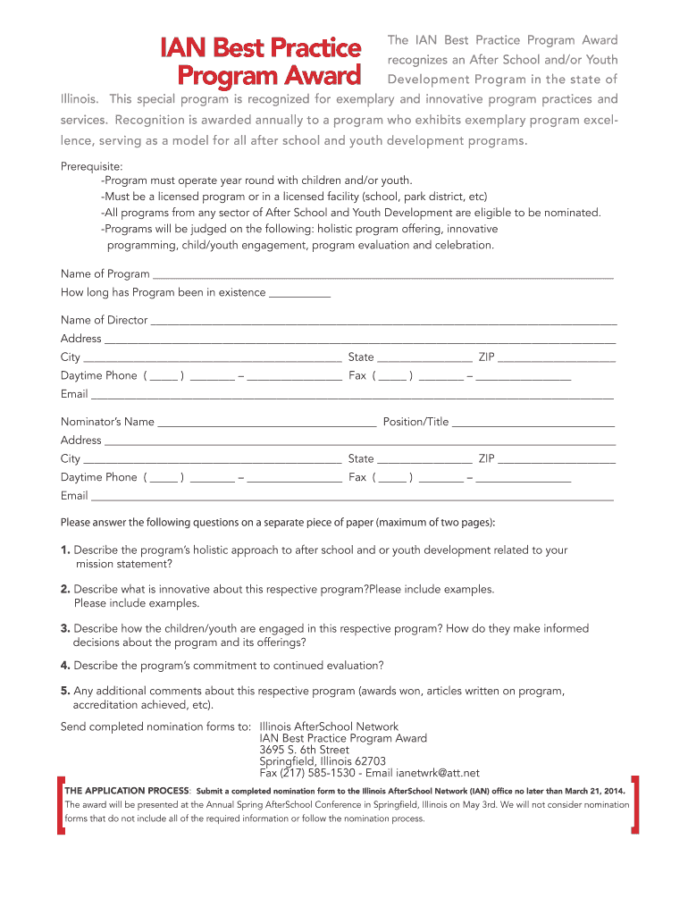 Fillable Online ianetwork IAN Best Practice Program Award Development ...