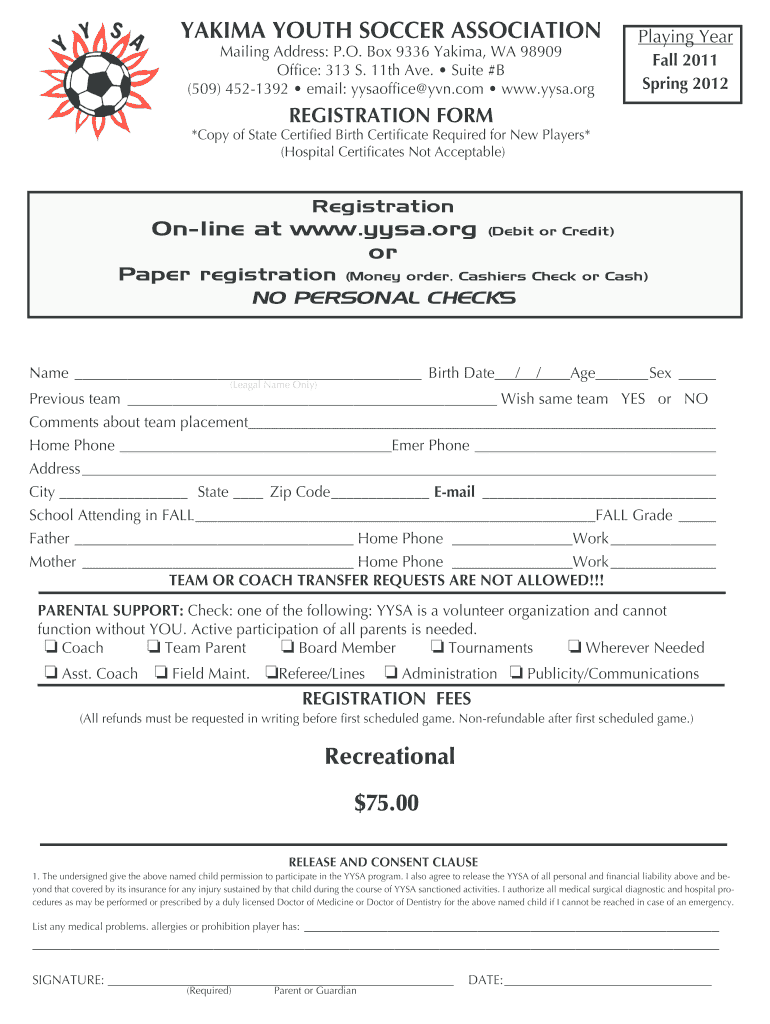 Fillable Online yysa YAKIMA YOUTH SOCCER ASSOCIATION Recreational $75. ...