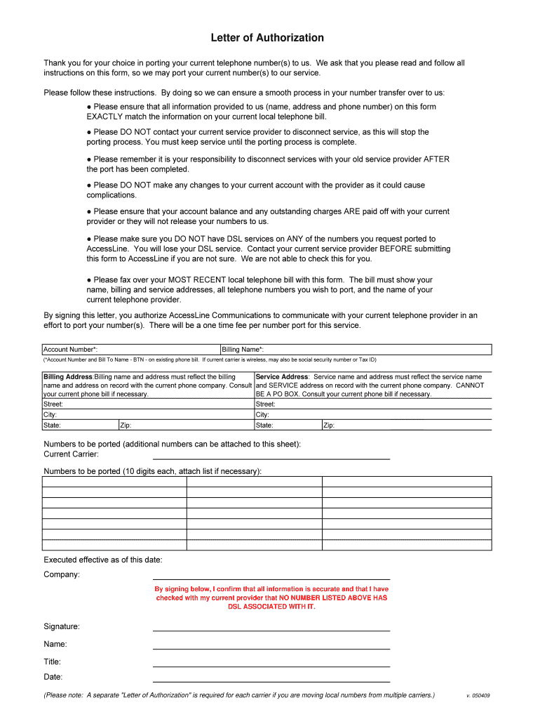 Fillable Online Letter of Authorization - customerserviceaccesslinecom ...