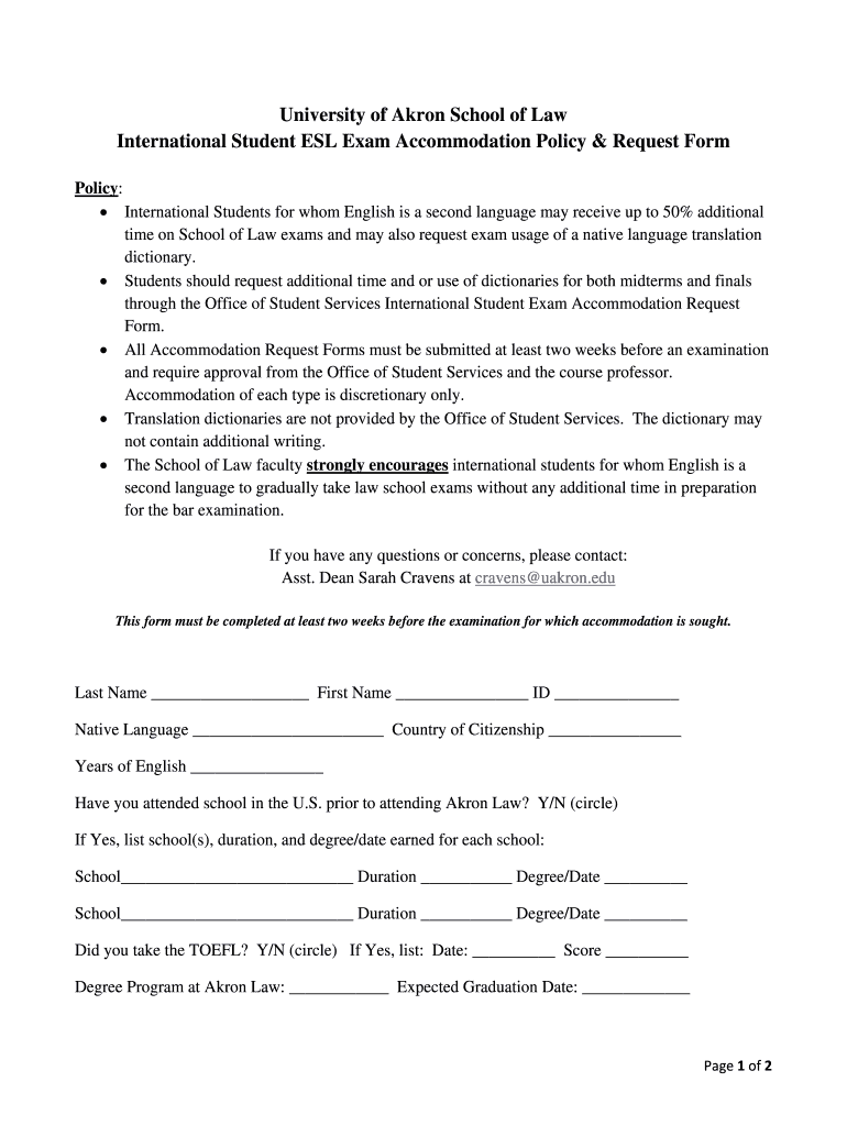 Fillable Online uakron ESL Exam Accommodation Request Formdocx - uakron Fax Email Print - pdfFiller