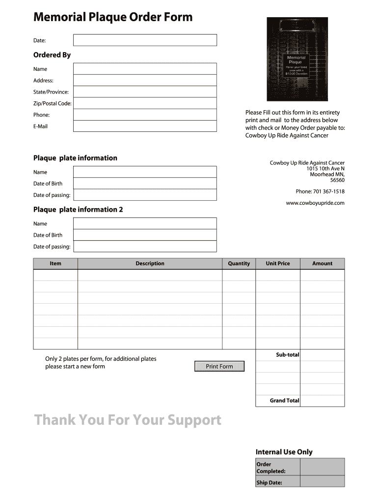 Fillable Online Memorial Plaque Order Form - Cowboy Up Ride Fax Email ...