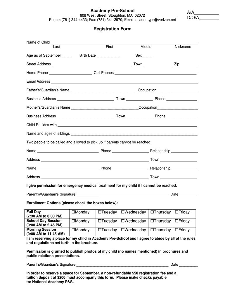 Fillable Online Pre-School Registration - Academy Pre-School in Stoughton Fax Email Print ...