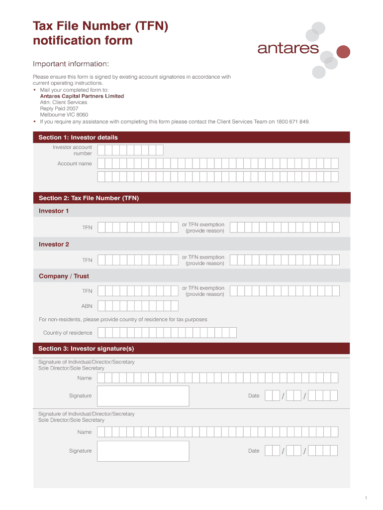 Fillable Online Tax File Number TFN notification form - Antares Capital ...