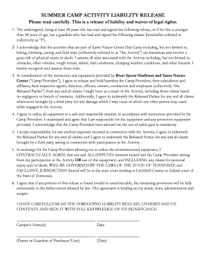 Fillable Online ijams Summer camp activity liability release - Ijams Nature Center - ijams Fax ...