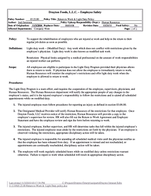 Fillable Online 03.22.00 Return to Work & Light Duty policy Fax Email ...