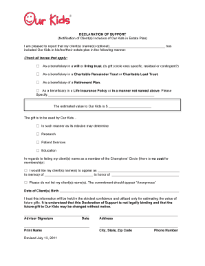 Fillable Online DECLARATION OF SUPPORT living trust Charitable ...