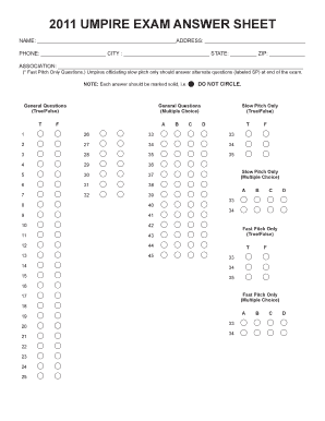 Fillable Online 2011 UMPIRE EXAM ANSWER SHEET - Georgia ASA Fax Email ...