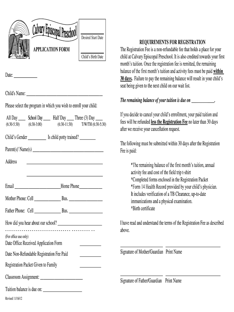 Fillable Online calvarypreschoolkaneohe Desired Start Date REQUIREMENTS ...