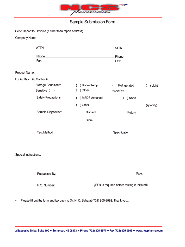 Fillable Online Sample Submisson Form - Ncs Pharmaceuticals Fax Email ...