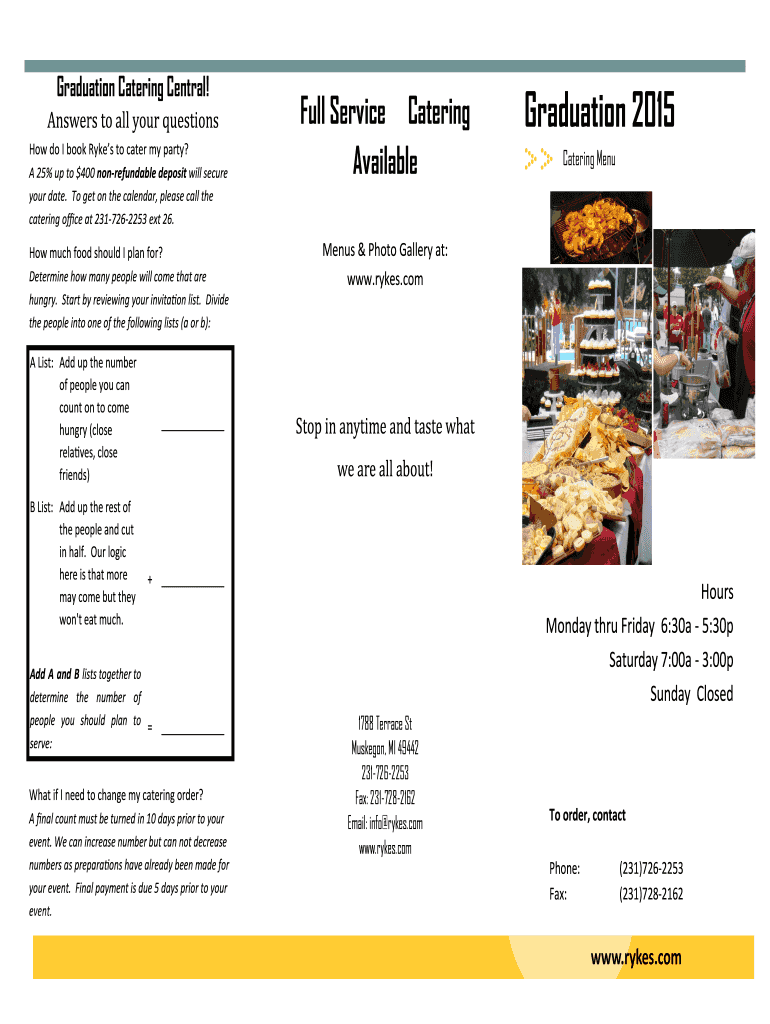 Fillable Online Catering grad 2015 - Ryke039s Bakery Catering amp Cafe ...