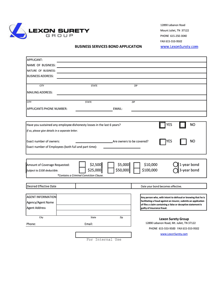 Fillable Online BUSINESS SERVICES BOND APPLICATION - Lexon Surety Group ...