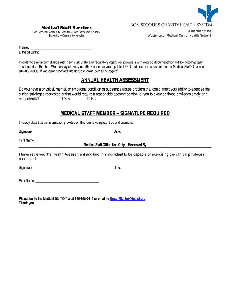 Fillable Online ANNUAL HEALTH ASSESSMENT - bschsbonsecourscom Fax Email ...