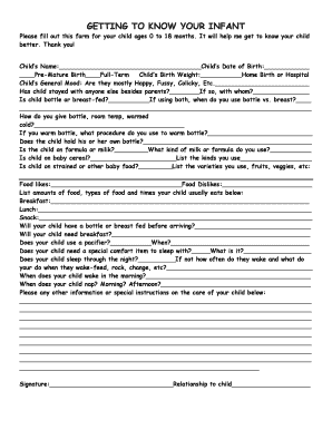 Fillable Online GETTING TO KNOW YOUR INFANT - Caughlin Preschool Fax ...