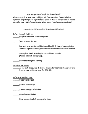 Fillable Online Check list for first day - Caughlin Preschool Fax Email ...