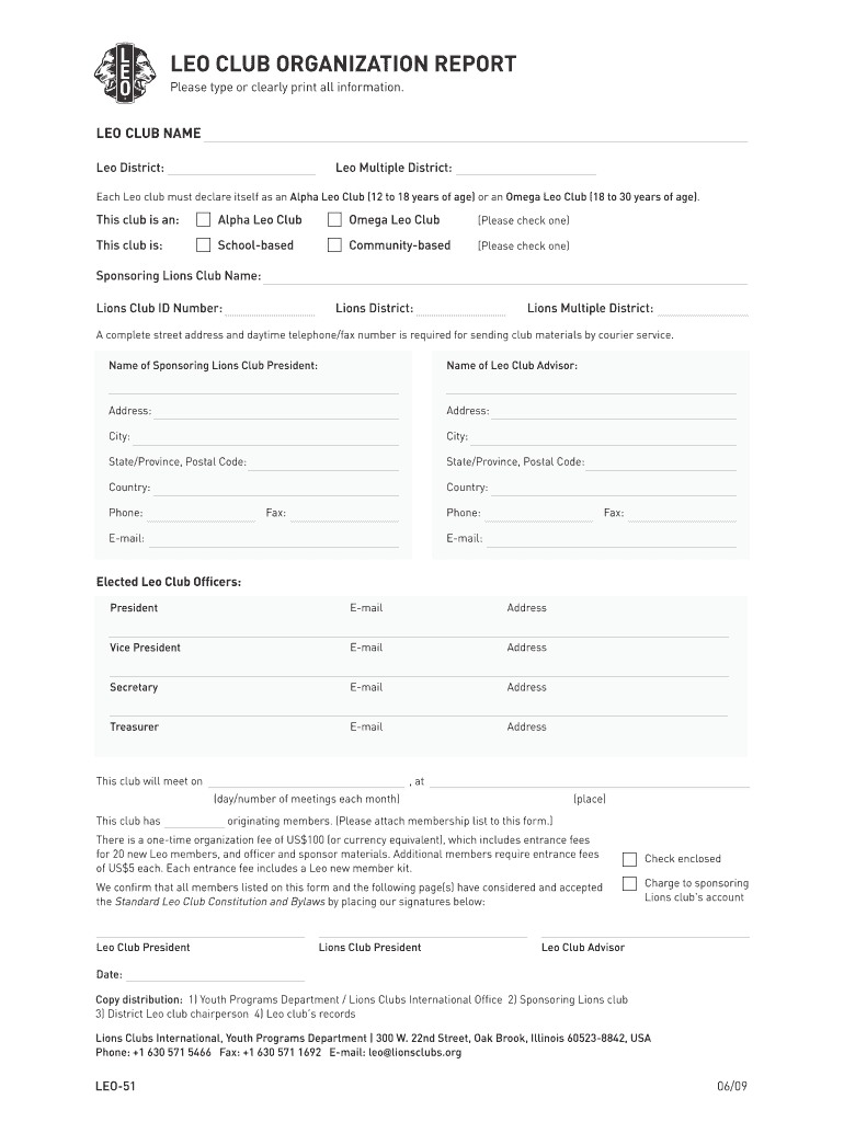 Fillable Online leos105ea org LEO CLUB ORGANIZATION REPORT ...