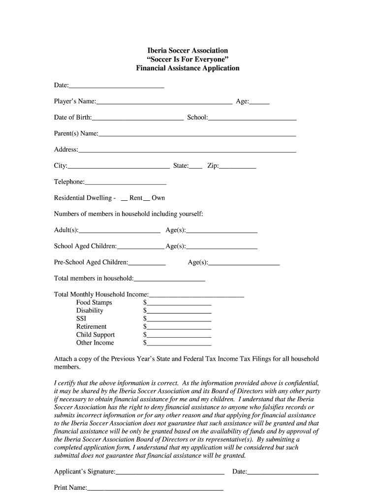 Fillable Online iberiasoccer Soccer Is For Everyone Application - Iberia Soccer Association ...