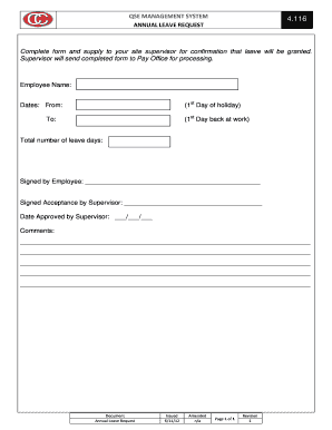 Fillable Online QSE MANAGEMENT SYSTEM 4116 ANNUAL LEAVE REQUEST Fax ...