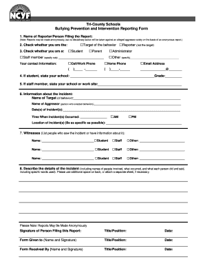 Fillable Online Bullying Prevention and Intervention Reporting Form Fax ...
