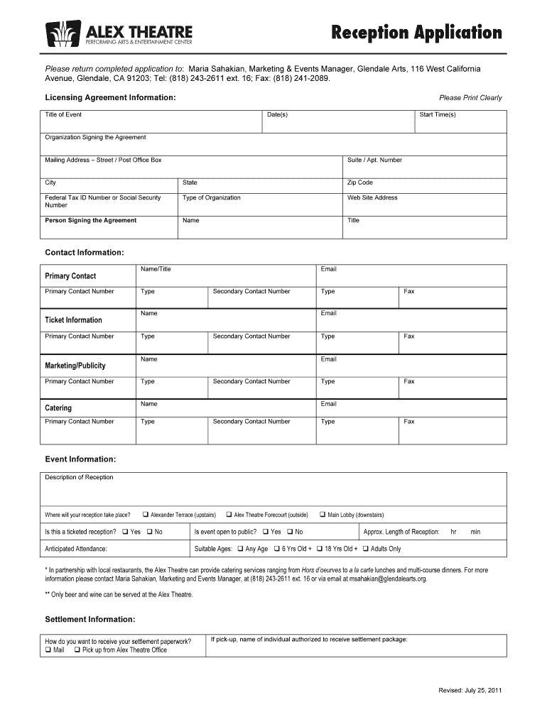 Fillable Online Reception Application - Alex Theatre Fax Email Print ...