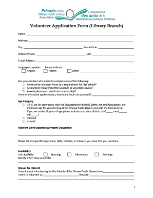 Fillable Online ottawapubliclibraryfriends Volunteer Application Form ...