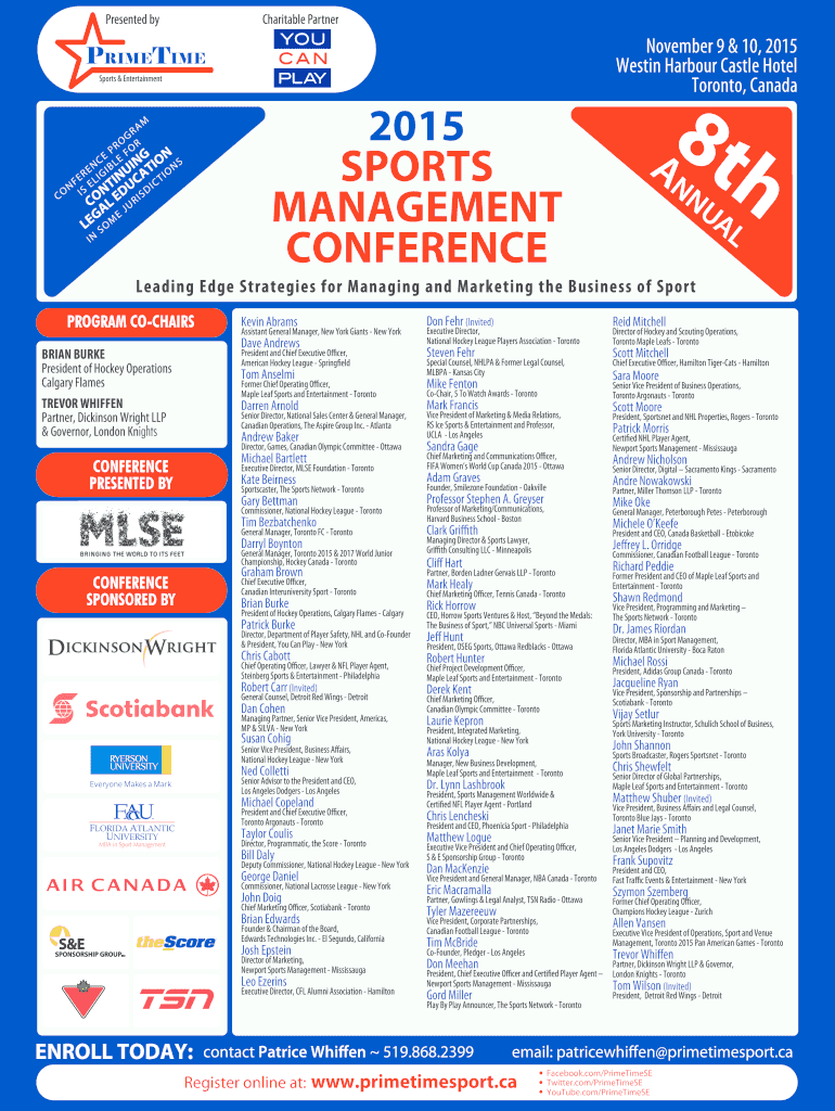 Fillable Online primetimesport 2015 sports management conference ...