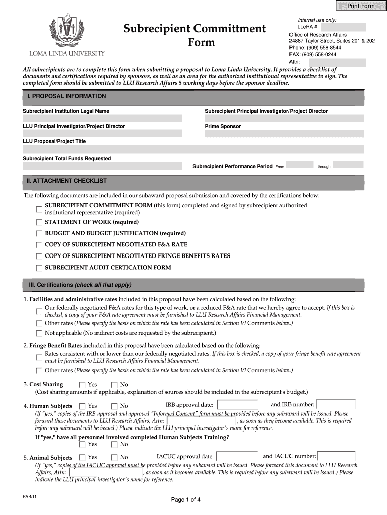 Fillable Online researchaffairs llu Subrecipient Committment Form 24887 ...