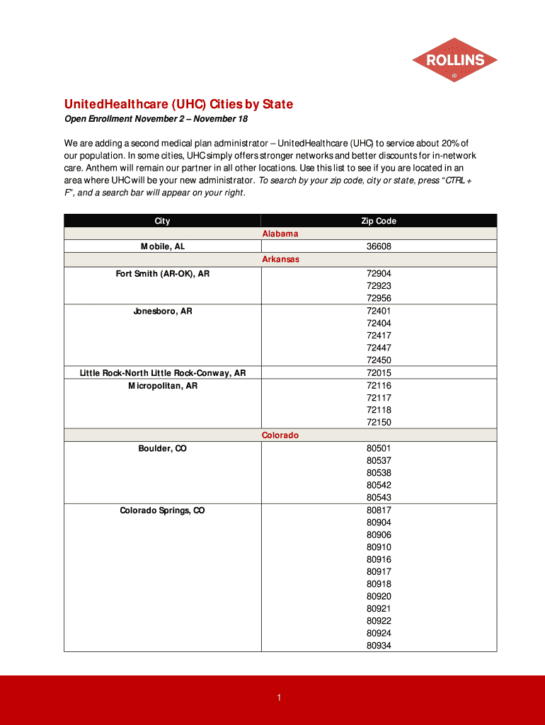 Fillable Online UnitedHealthcare UHC Cities by State - Rollins Benefits Fax Email Print - pdfFiller