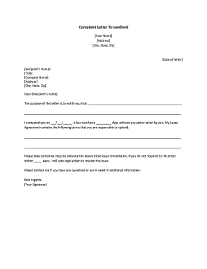 Fillable Online Complaint Letter To Landlord Your Name Address City ...