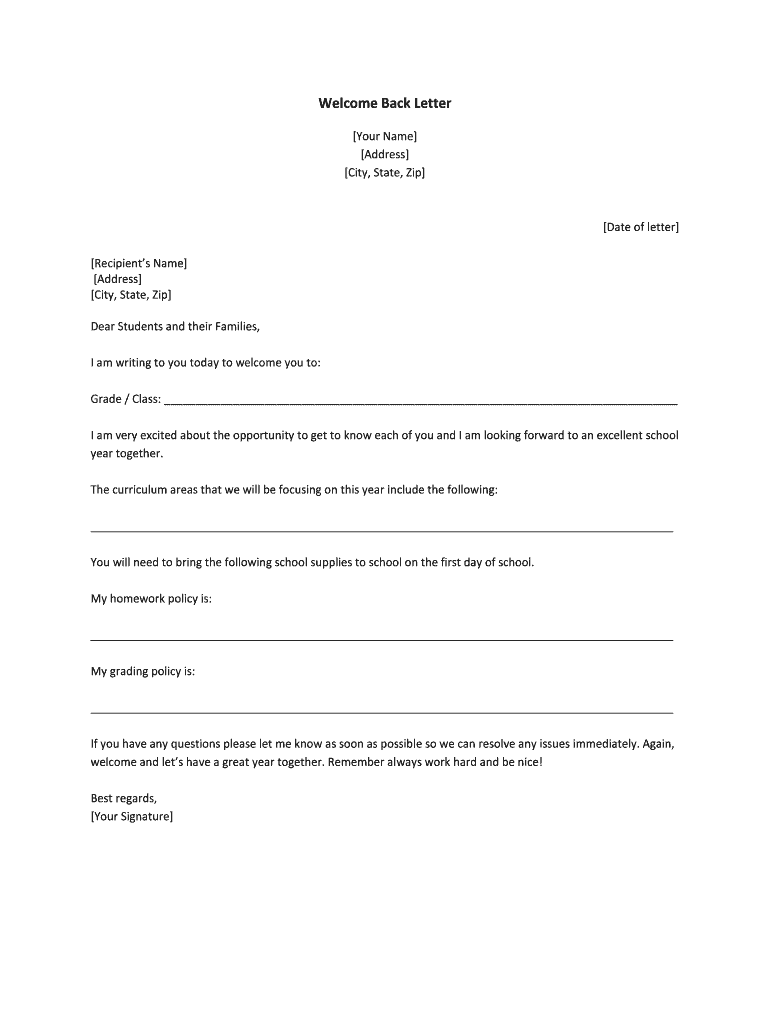 Fillable Online Welcome Back Letter Fax Email Print - pdfFiller