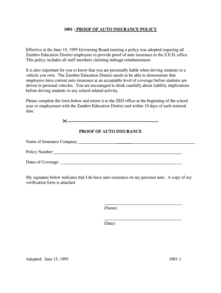 Fillable Online zumbroed 1001 - PROOF OF AUTO INSURANCE POLICY ...