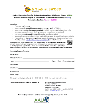 Fillable Online techtrek-swosu aauw Student Form for the American Women ...