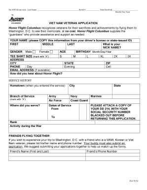 Fillable Online honorflightcolumbus VIET NAM VETERAN APPLICATION ...