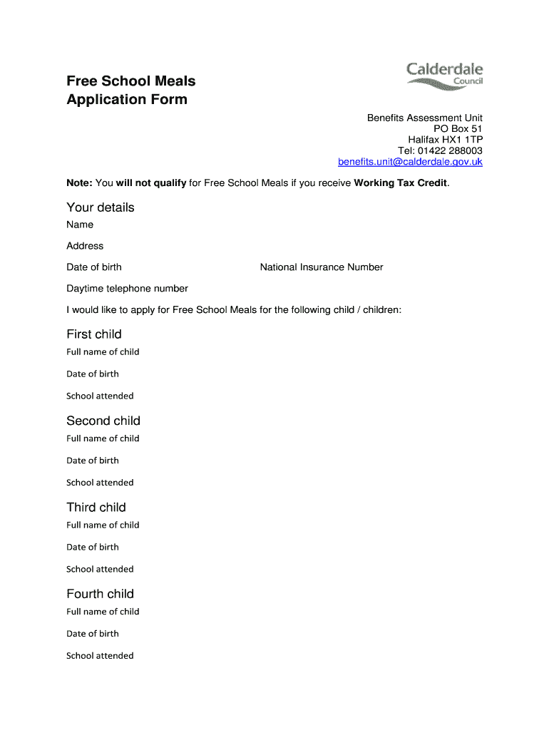 Fillable Online Free school meals application - todhighcom Fax Email ...