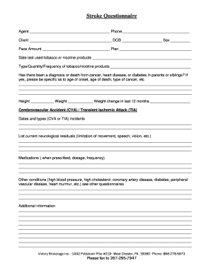Fillable Online Stroke Questionnaire - Victory Brokerage Inc Fax Email ...