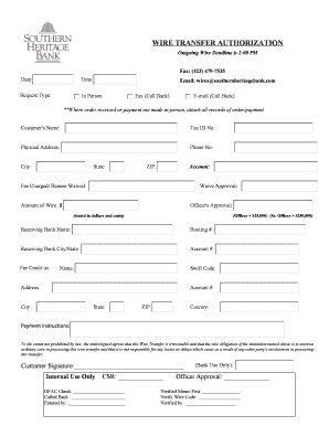 Fillable Online WIRE TRANSFER AUTHORIZATION ...