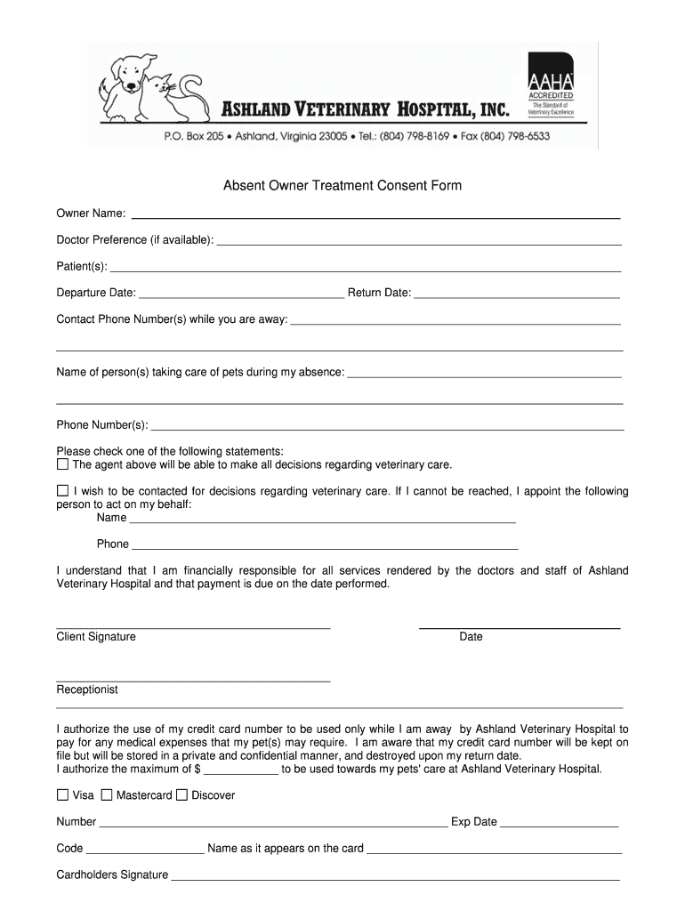 Fillable Online Absent Owner bTreatmentb Consent bFormb - Ashland ...