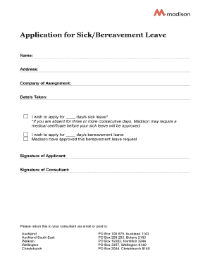 Fillable Online Application for Sick/Bereavement Leave Fax Email Print ...