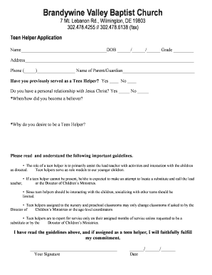 Fillable Online brandywineonline Teen Helper VBS Application ...