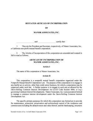 Fillable Online RESTATED ARTICLES OF INCORPORATION OF - California Fax ...