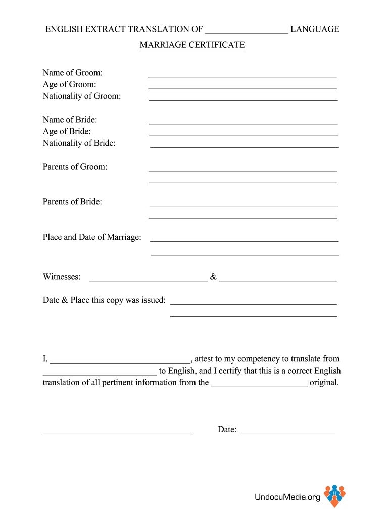 Marriage Certificate Translation Template Fill Online Printable