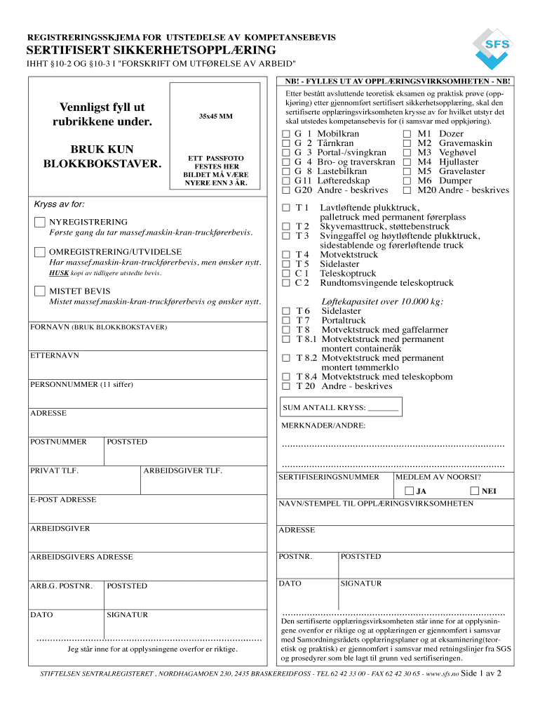 Fillable Online sfs REGISTRERINGSSKJEMA FOR UTSTEDELSE AV KOMPETANSEBEVIS SERTIFISERT ...