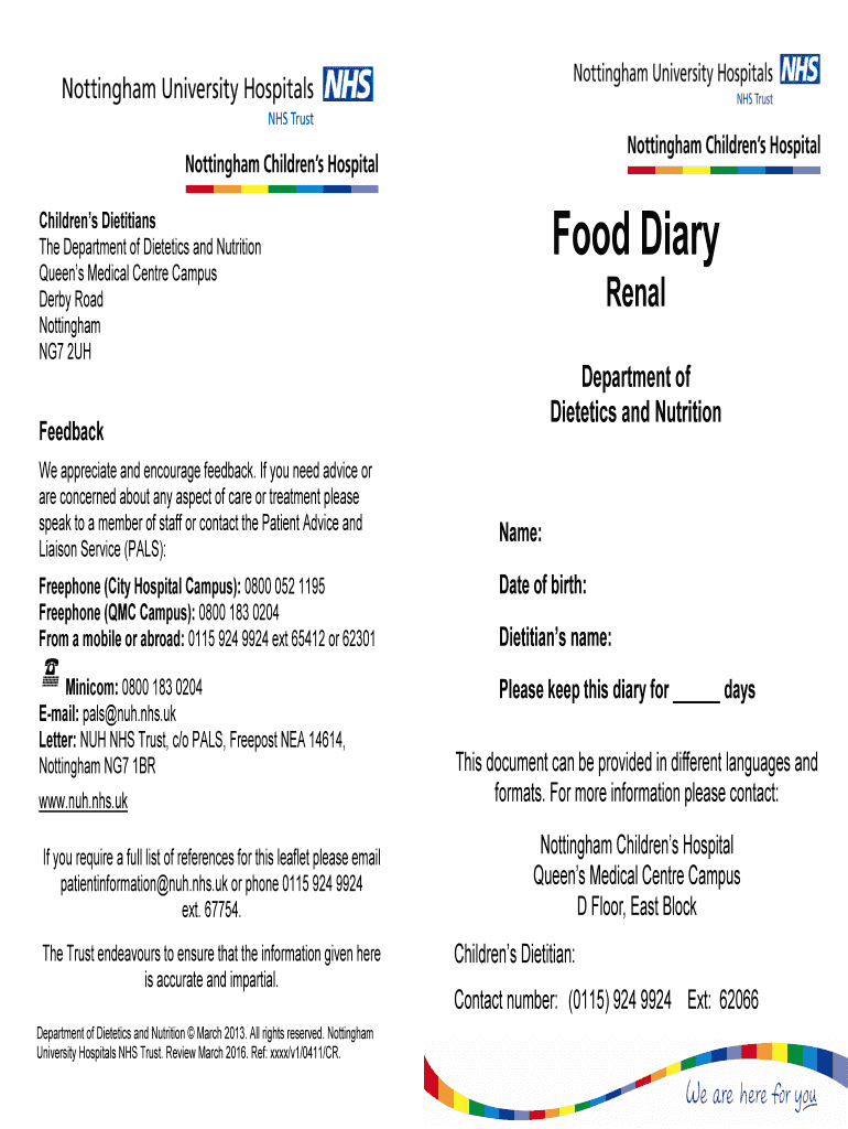 Fillable Online emeesykidney nhs Children's food diary for renal ...