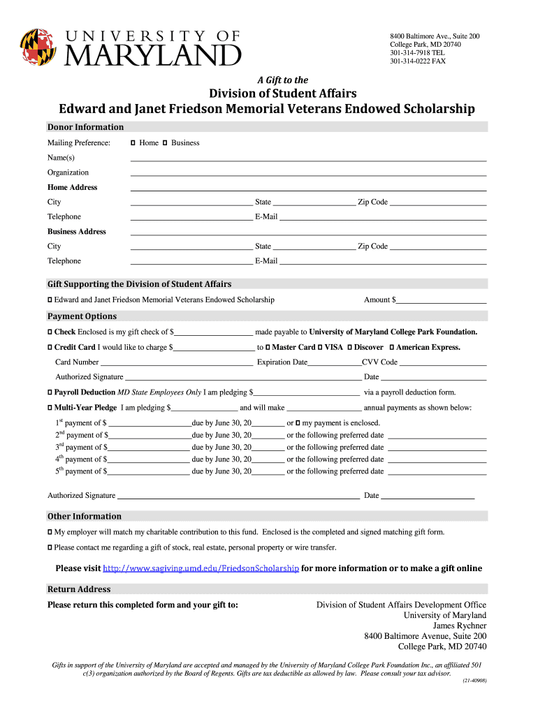 Fillable Online sagiving umd Edward and Janet Friedson Memorial ...